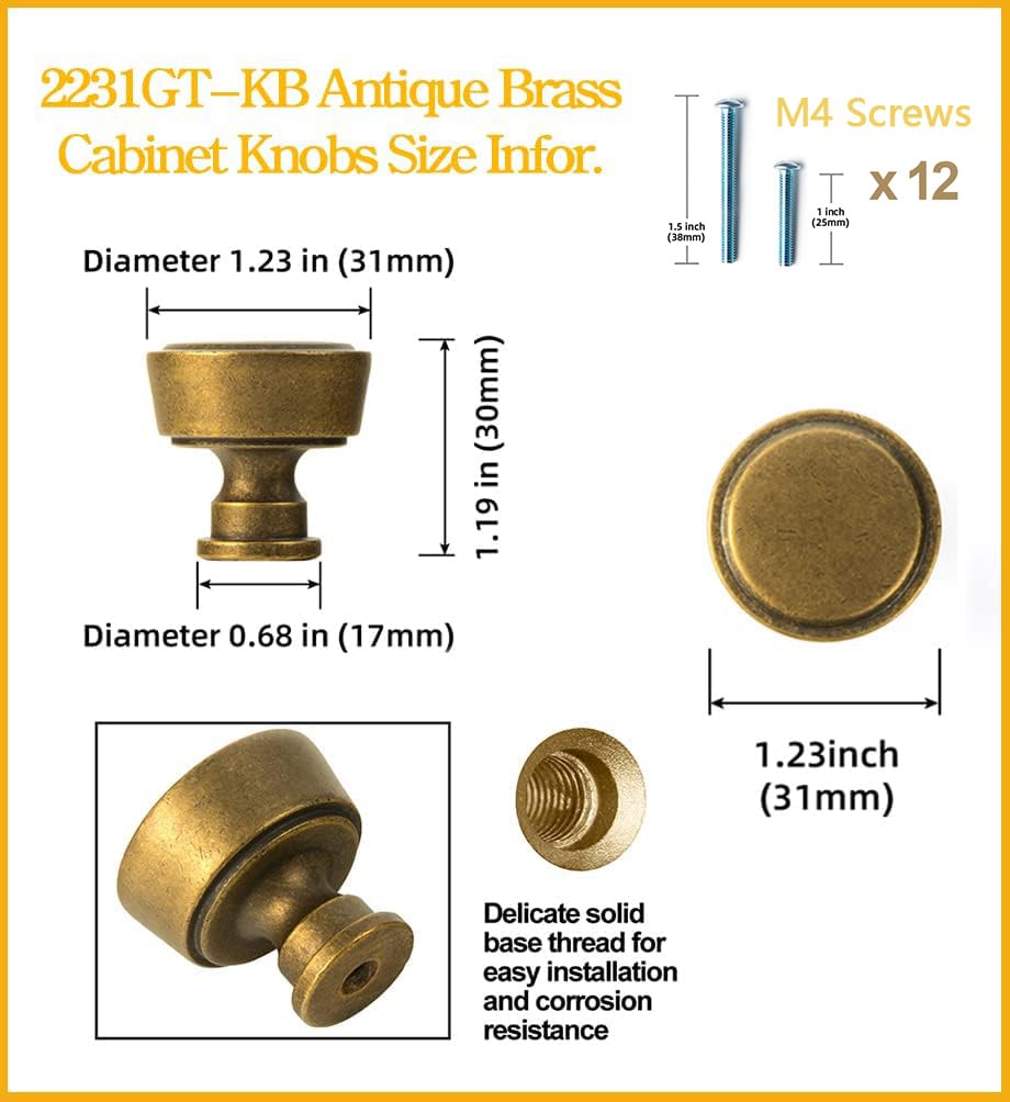 Goo-Ki 6 Pack Antique Brass Drawer Knobs Kitchen Cabinet Hardware - Solid Zinc Alloy Vintage Bronze Retro Knob Ancient Single Hole Bar Handles Pull for Closet Wardrobe Dresser Cupboard