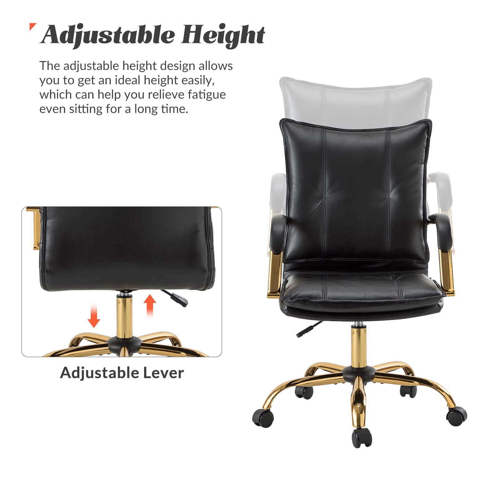 HULALA HOME Faux Leather Home Office Desk Chair, Adjustable Swivel Computer Chair with Golden Legs and Arms, Comfy Upholstered Task Chair, Black