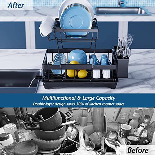 Dish Drying Rack for Kitchen Counter, 2 Tier Dish Rack Large Space Saving Kitchen Dishes Tray Drying Racks with Drainboard, Black Best Dish Drainer Set