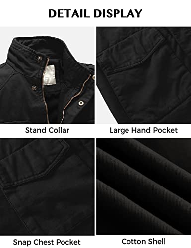 WenVen Men's Washed Cotton Canvas Safari Jacket Spring Military Coat (Black, L)