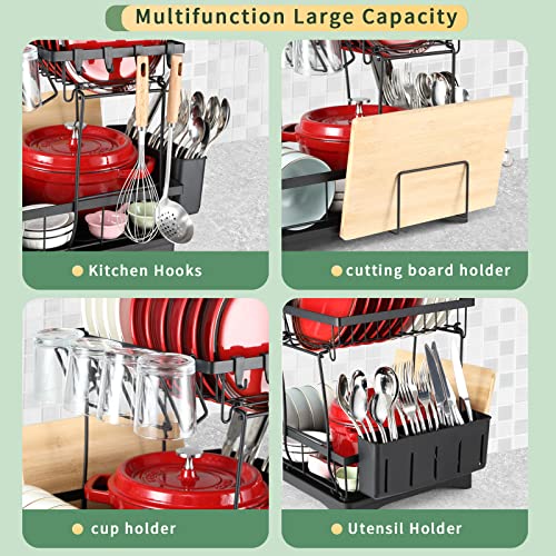 Dish Drying Rack - 2 Tier Dish Drying Rack with Drainboard Set, Large Dish Racks for Kitchen Counter, Dish Drainer Rack with Utensil Holder, Dish Strainers for Kitchen Counter, Black