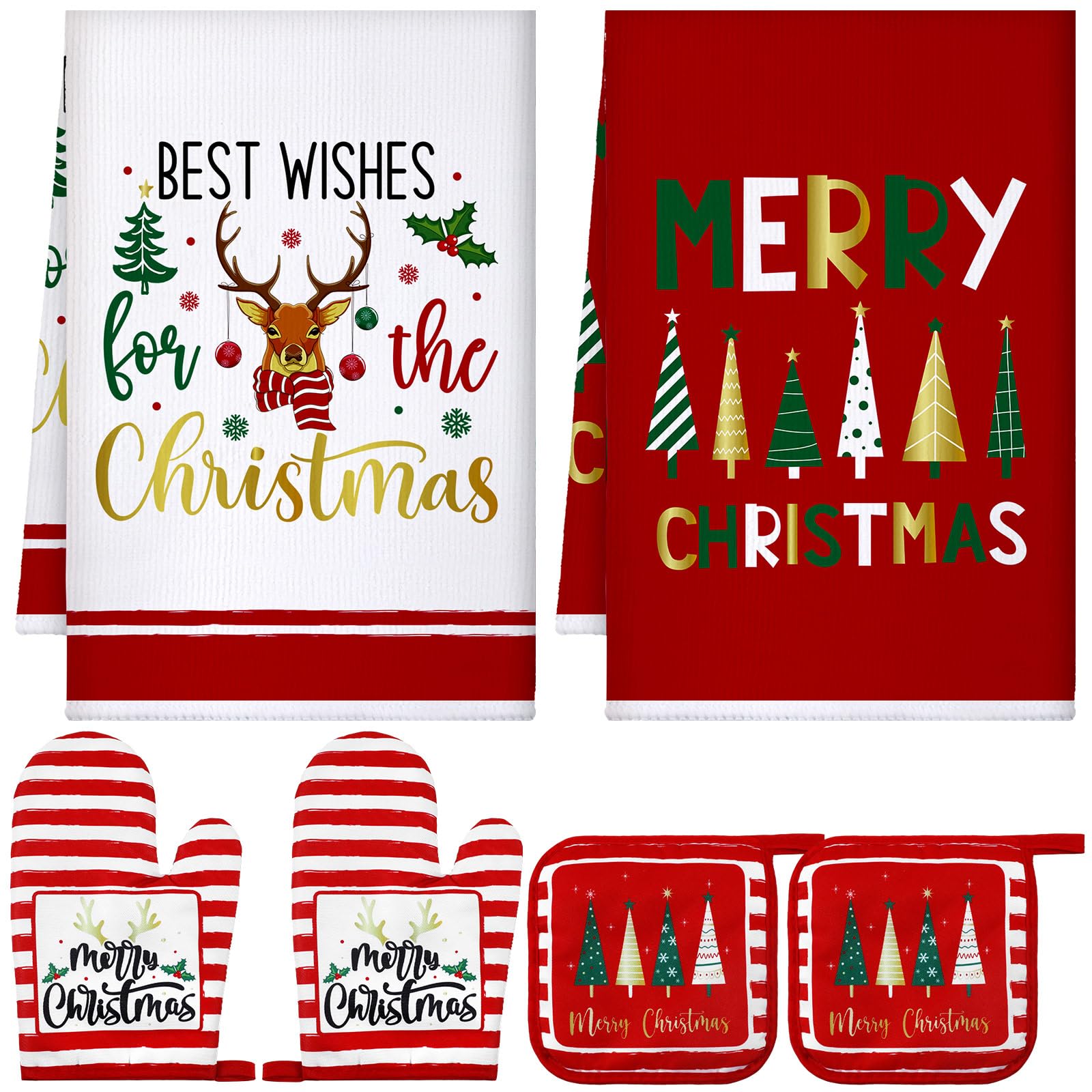 Bencailor 6 Pcs Farmhouse Kitchen Towel Oven Mitts and Pot Holders Set Farm Animal Dish Towels Heat Resistant Oven Gloves for Summer Kitchen Cooking Baking Grilling(Christmas Star Theme)
