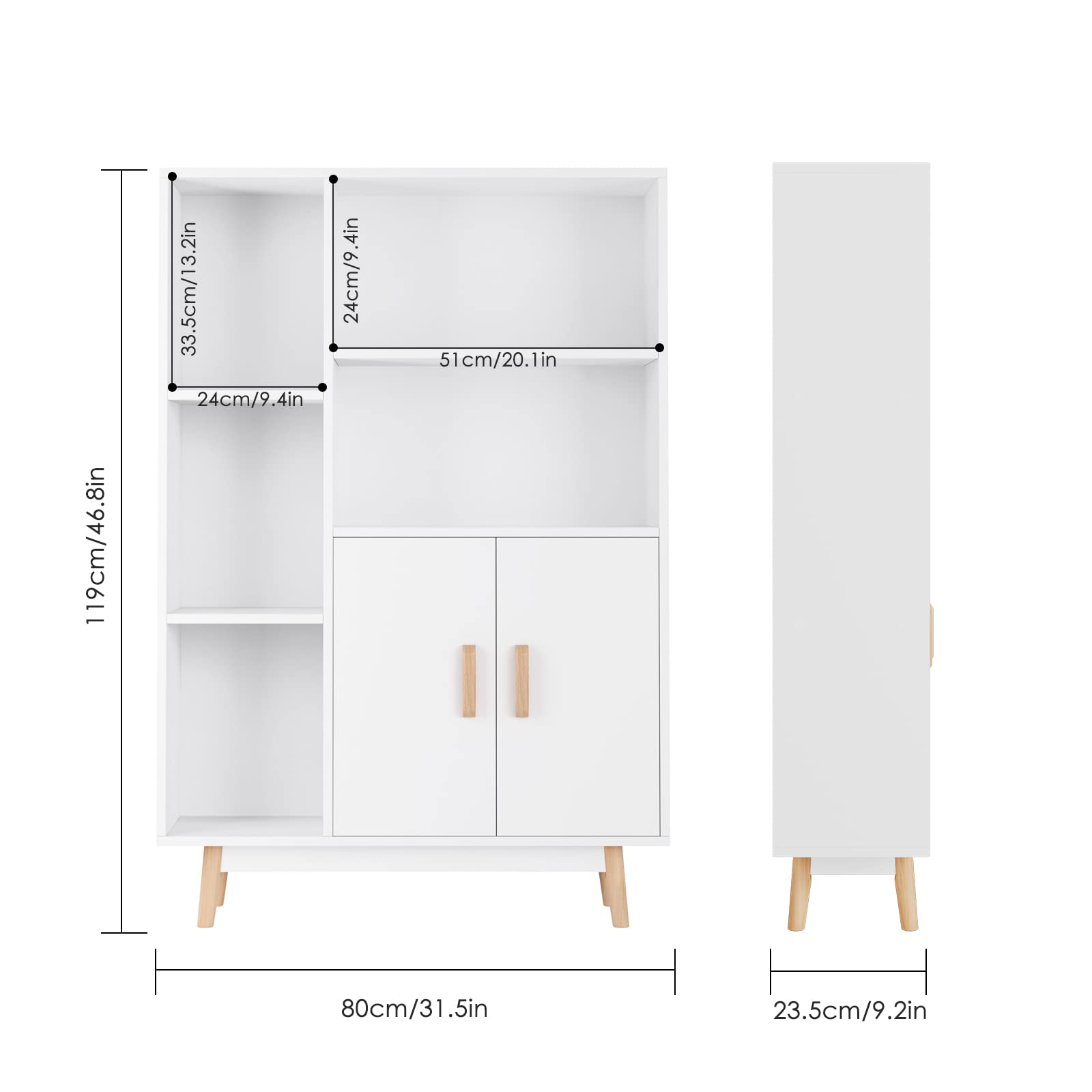 FOTOSOK Floor Storage Cabinet with 2 Shelves and 3 Cubes, Bookcase with Doors, Bookshelf Cabinet with Legs for Kitchen, Living Room and Home Office, White