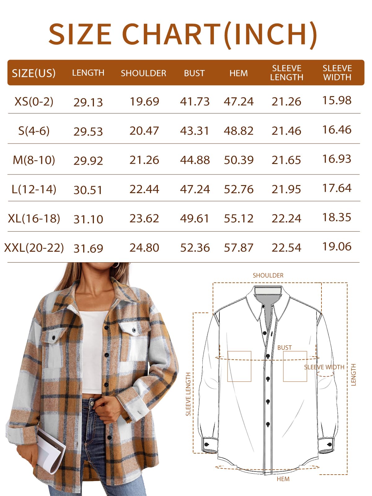 Trendy Queen Womens Flannel Shacket Casual Jacket Plaid Button Down Long Sleeve Shirt Fall Winter Outfits, Apricot, XL