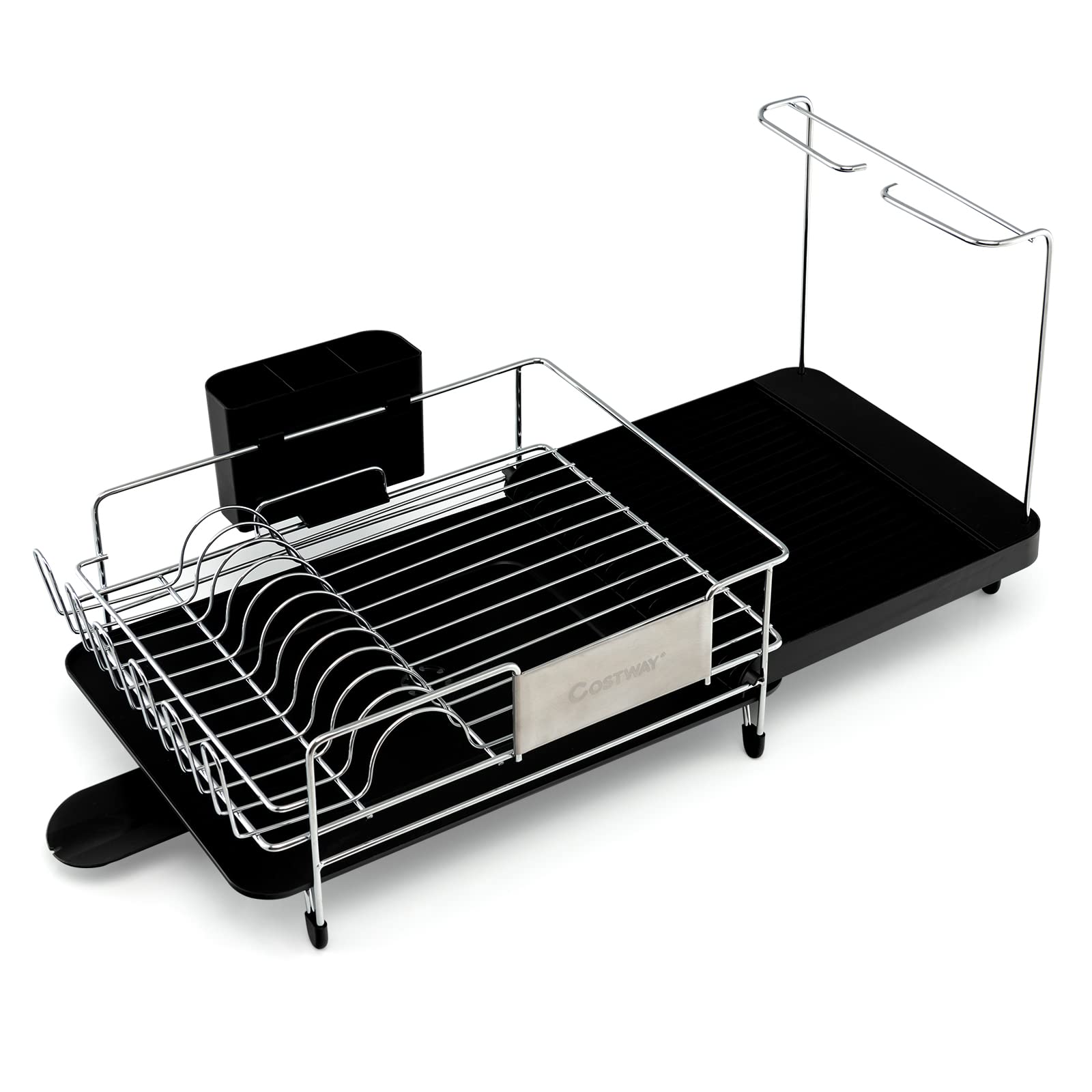 Giantex Stainless Steel Dish Rack, Expandable Dish Drainer Rack with Cutlery Cup Glass Holder, Removable Drip Tray, 360-Degree Swiveling Spout, Rust Proof Dish Dryer Rack for Kitchen Counter