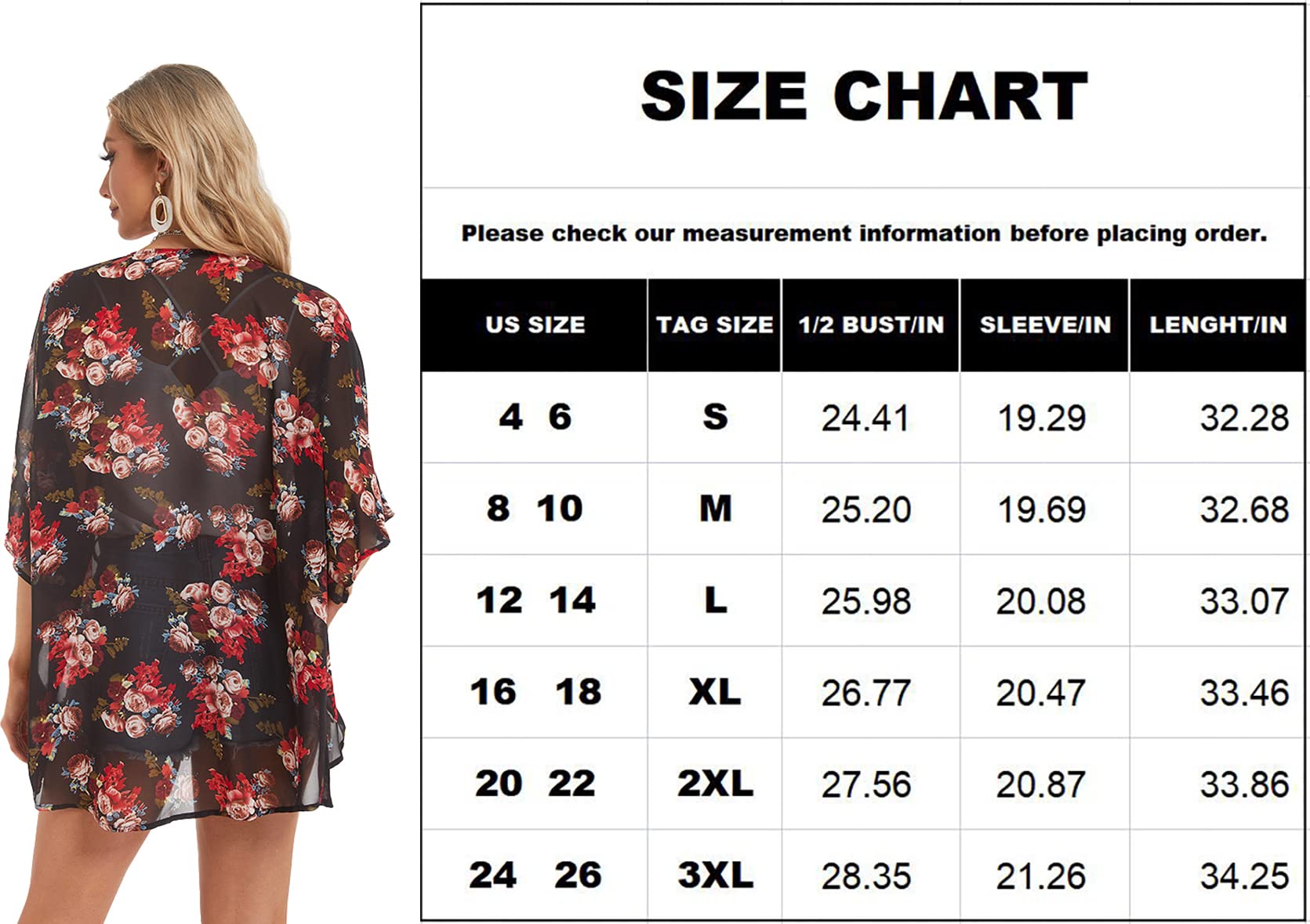 Women's Floral Print Puff Sleeve Kimono Cardigan Loose Cover Up Casual Blouse Tops(BLACK S)