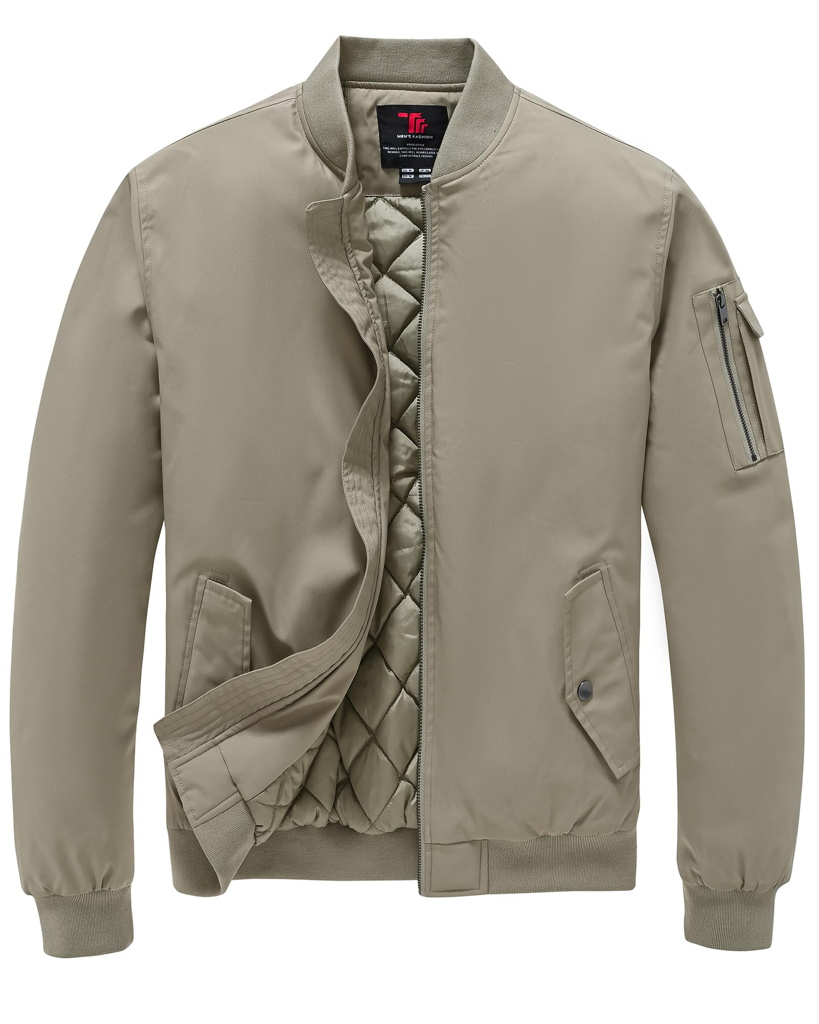 TBMPOY Men's Bomber Jacket Lightweight Winter Windbreaker Zip Up Padded Softshell Windproof Water-Resistant Casual Fall Coat Khaki L