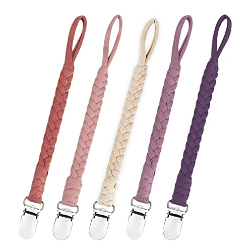 Braided Pacifier Clips Baby Girl, Binky Clips Pacifier Holder with Handmade Teething Straps Unisex Design Smoother Pacifier Clip Fits All Pacifiers for Shower Birthday Gifts