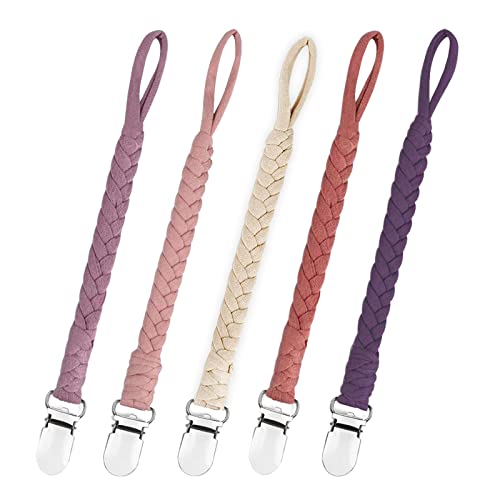 Braided Pacifier Clips Baby Girl, Binky Clips Pacifier Holder with Handmade Teething Straps Unisex Design Smoother Pacifier Clip Fits All Pacifiers for Shower Birthday Gifts
