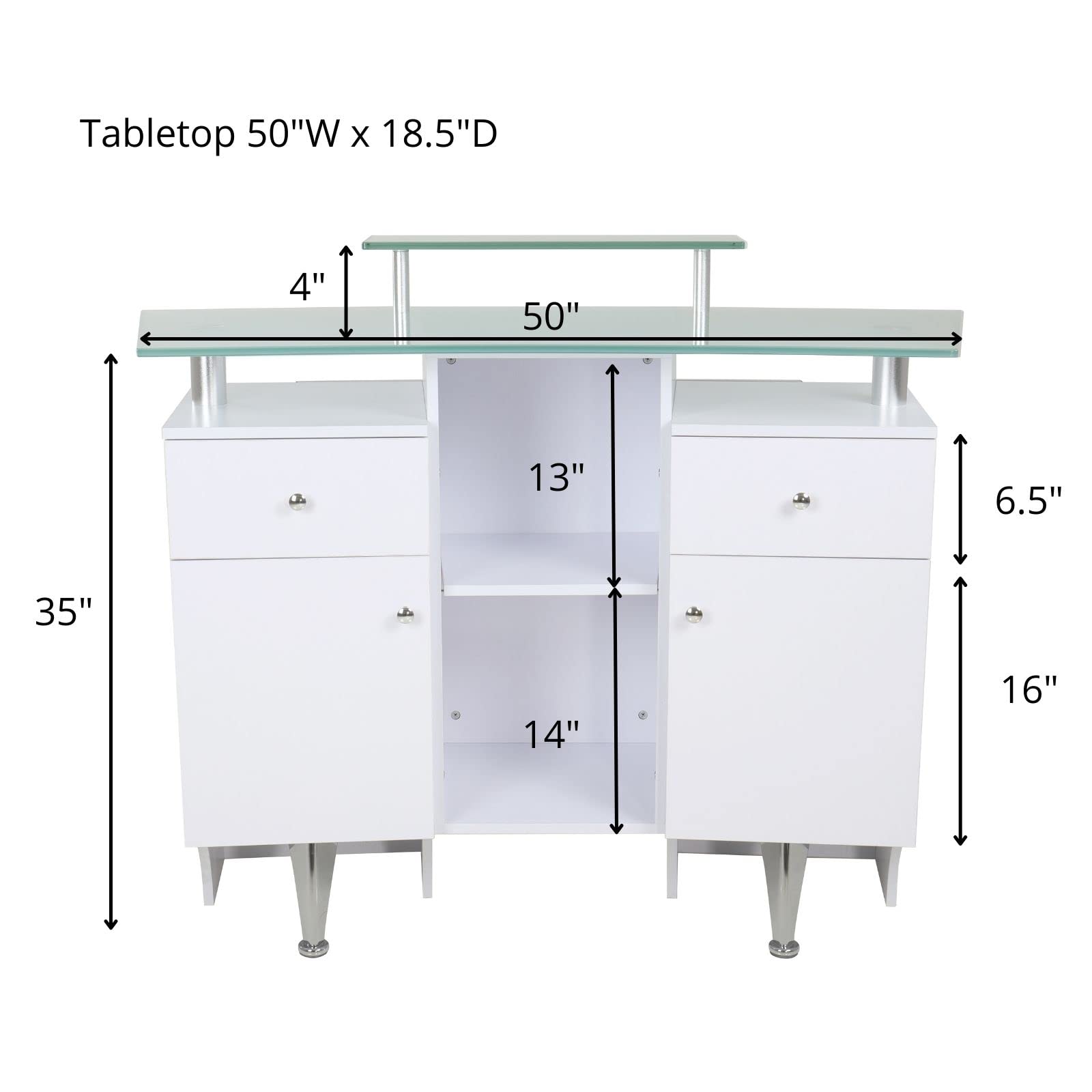 DERMALOGIC Glasglow I Reception Desk with Glass Top, Office Restaurant Beauty Salon Furniture, White 50" L x 19" W