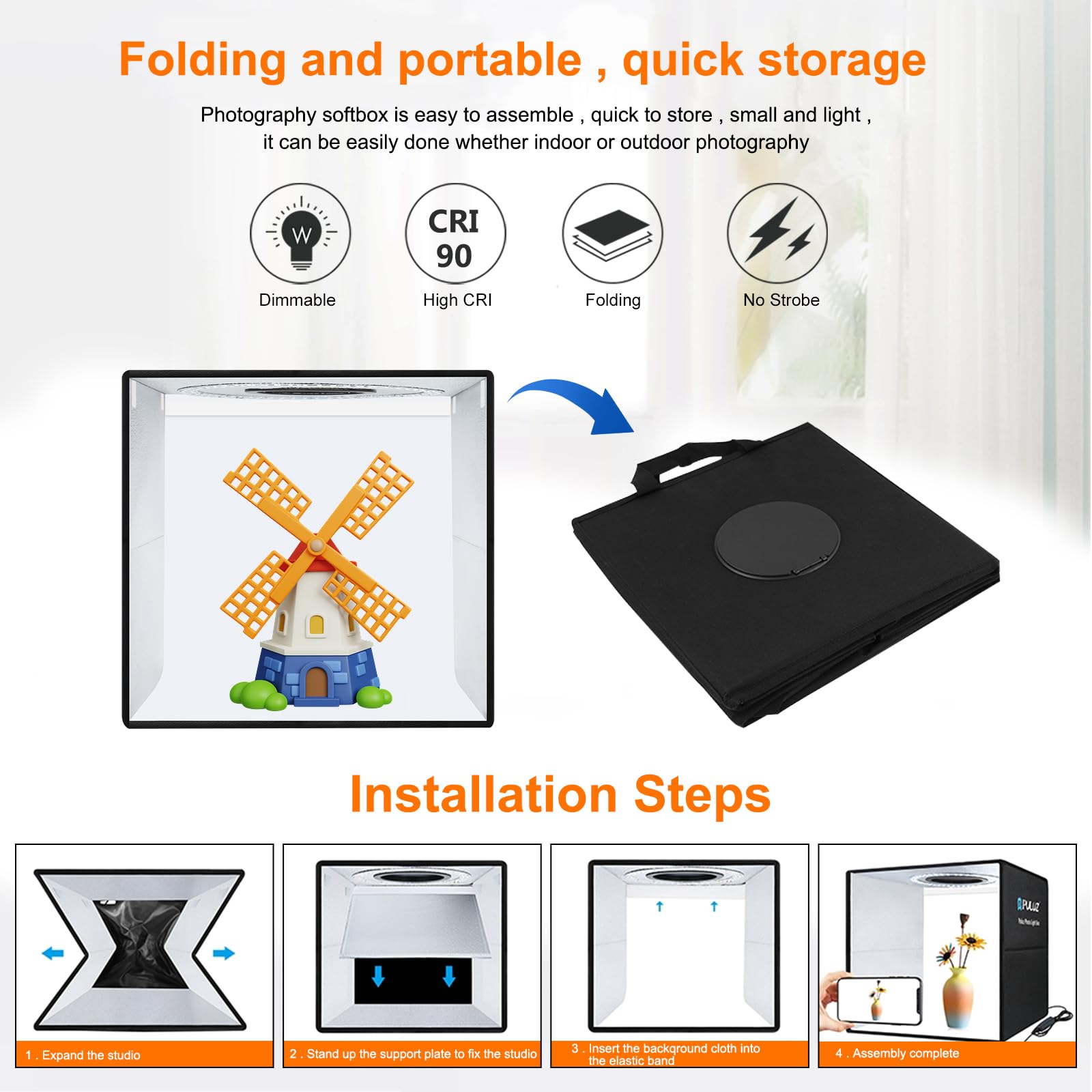 Portable Photo Studio Light Box, 15.8"x15.8"x15.8" Mini Photo Booth Light Box Photography, 3-Color Dimmable Folding Shooting Tent Kit with 160 LED Lights & 6 PVC Backdrops for Product Photography