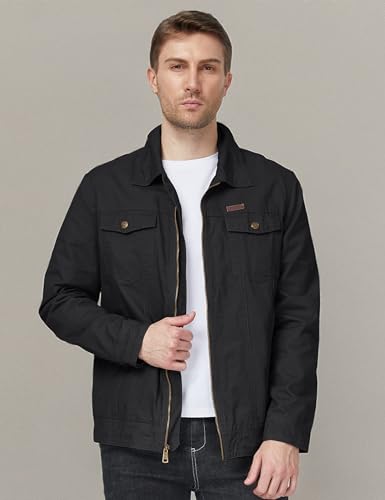 WenVen Men's Casual Cotton Jacket Canvas Military Field Jacket (B-Black,M)