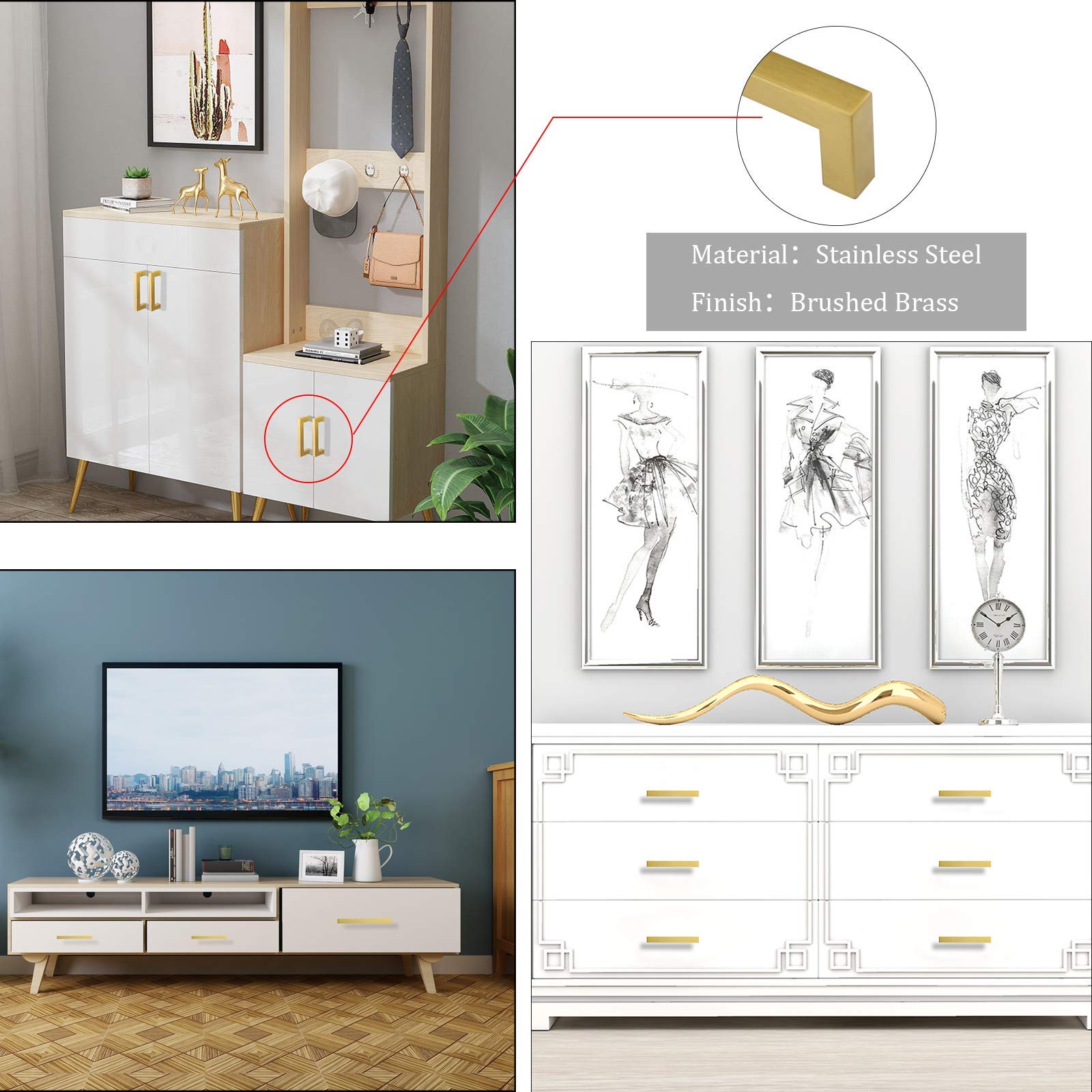 goldenwarm 5 Pack Gold Cabinet Pulls Brushed Brass Drawer Pulls - J12GD320 Gold Kitchen Cabinet Handles Square Bar Pulls Antique Brass Bathroom Cabinet Hardware 12-3/5 Inches Hole Spacing