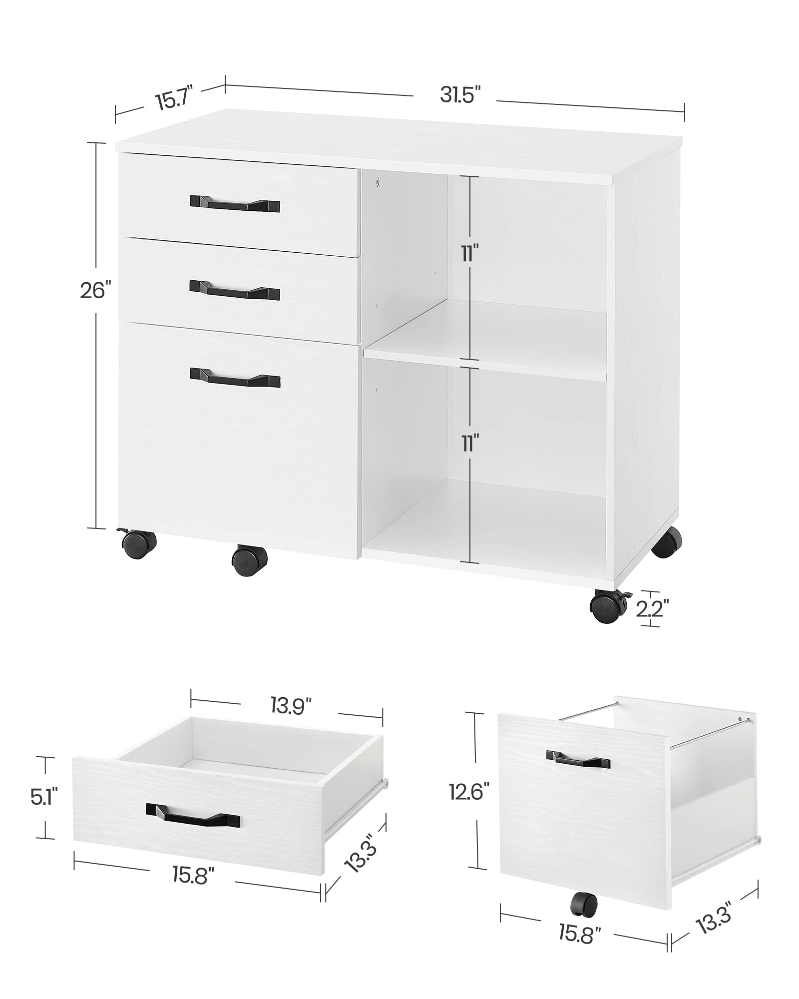 VASAGLE Lateral File Cabinet, Home Office Printer Stand, 3-Drawer Mobile Filing Cabinet with Open Storage Shelves, for A4, Letter-Size Files, White with Wood Grain UOFC041W46