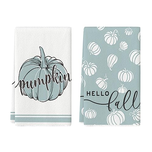 Artoid Mode Blue Watercolor Pumpkin Hello Fall Kitchen Towels Dish Towels, 18x26 Inch Seasonal Decoration Hand Towels Set of 2