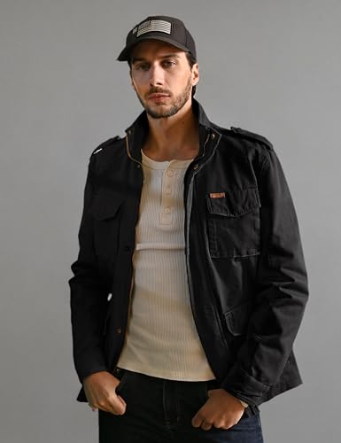 WenVen Men's Washed Cotton Canvas Safari Jacket Spring Military Coat (Black, L)