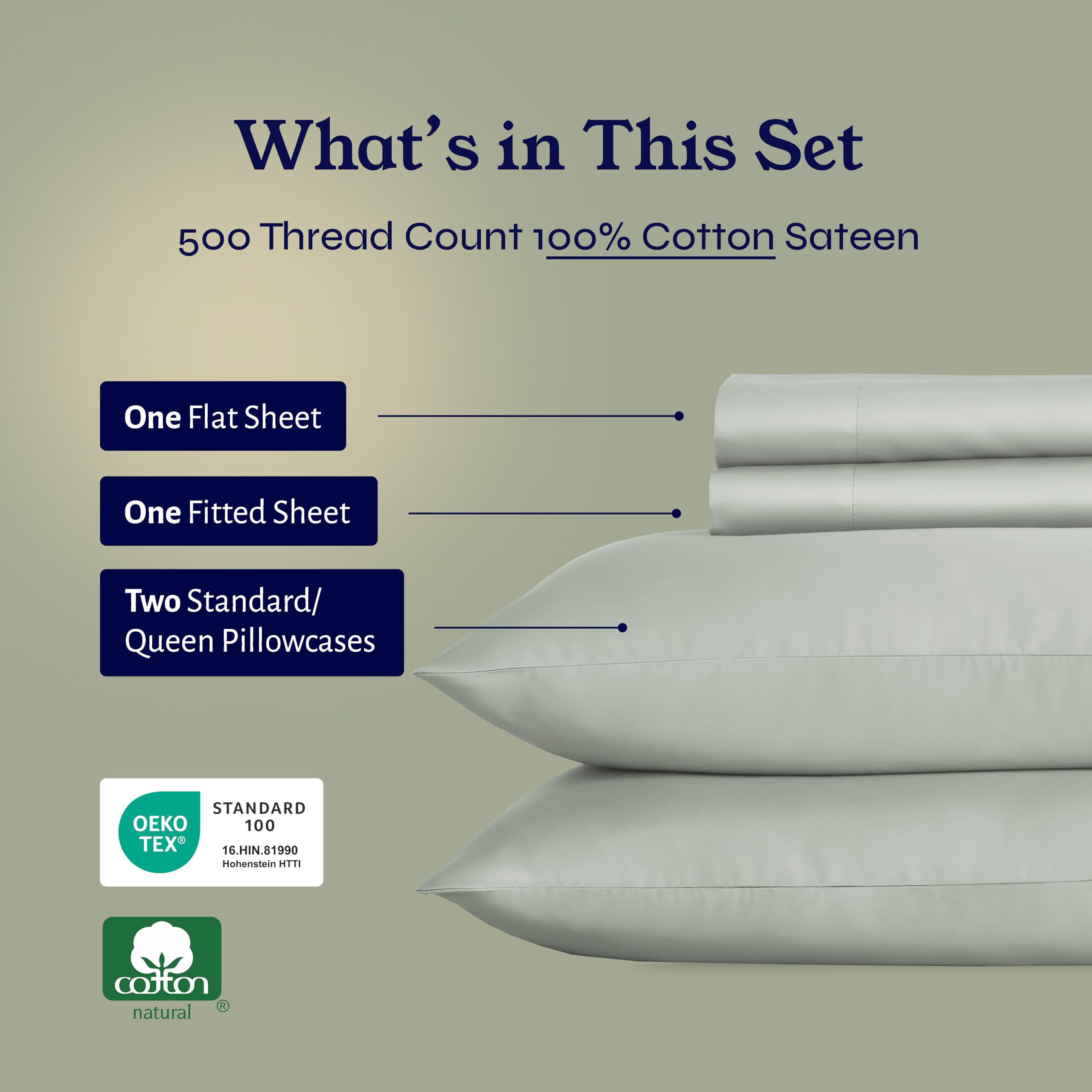 California Design Den Full Size Sateen Sheet Set - 100% Extra Long Staple Cotton 500 Thread Count, Silver Sage Sheet Set, Lightweight Bed Set for Ultimate Comfort, Deep Pocket Fits 16 Inch Mattresses