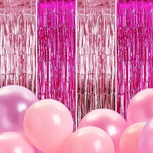 4 Pack 3.3×6.5 ft Pink and Rose Red Metallic Tinsel Foil Fringe Curtains Photo Booth Backdrop Decor Streamers Fringe Backdrop for Birthday Wedding Engagement Baby Shower Holiday Party Decorations