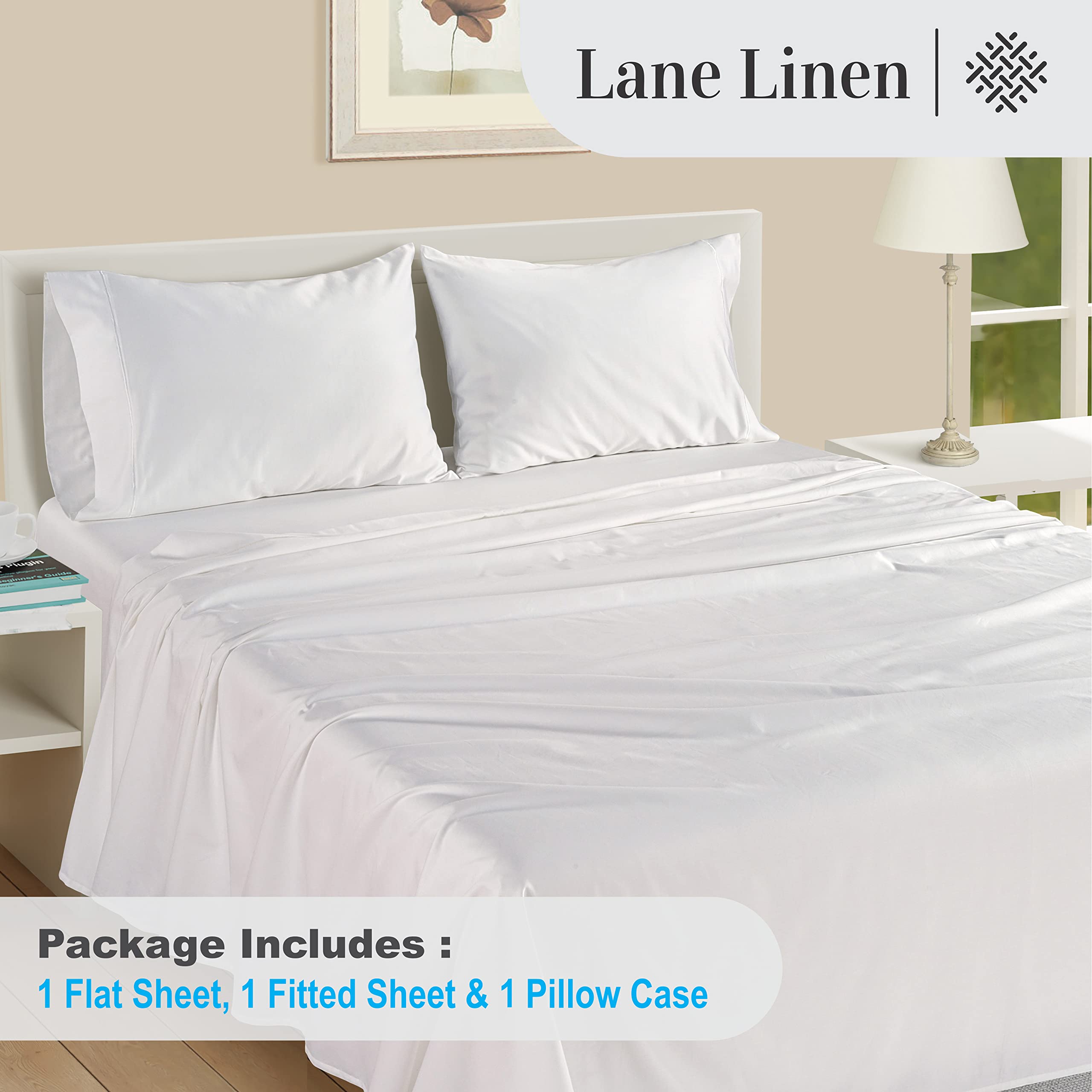 LANE LINEN 100% Egyptian Cotton Bed Sheets - 1000 Thread Count 3-Piece Twin Set Long Staple Bedding Sateen Weave Luxury Hotel Fits Upto 16" Mattress White