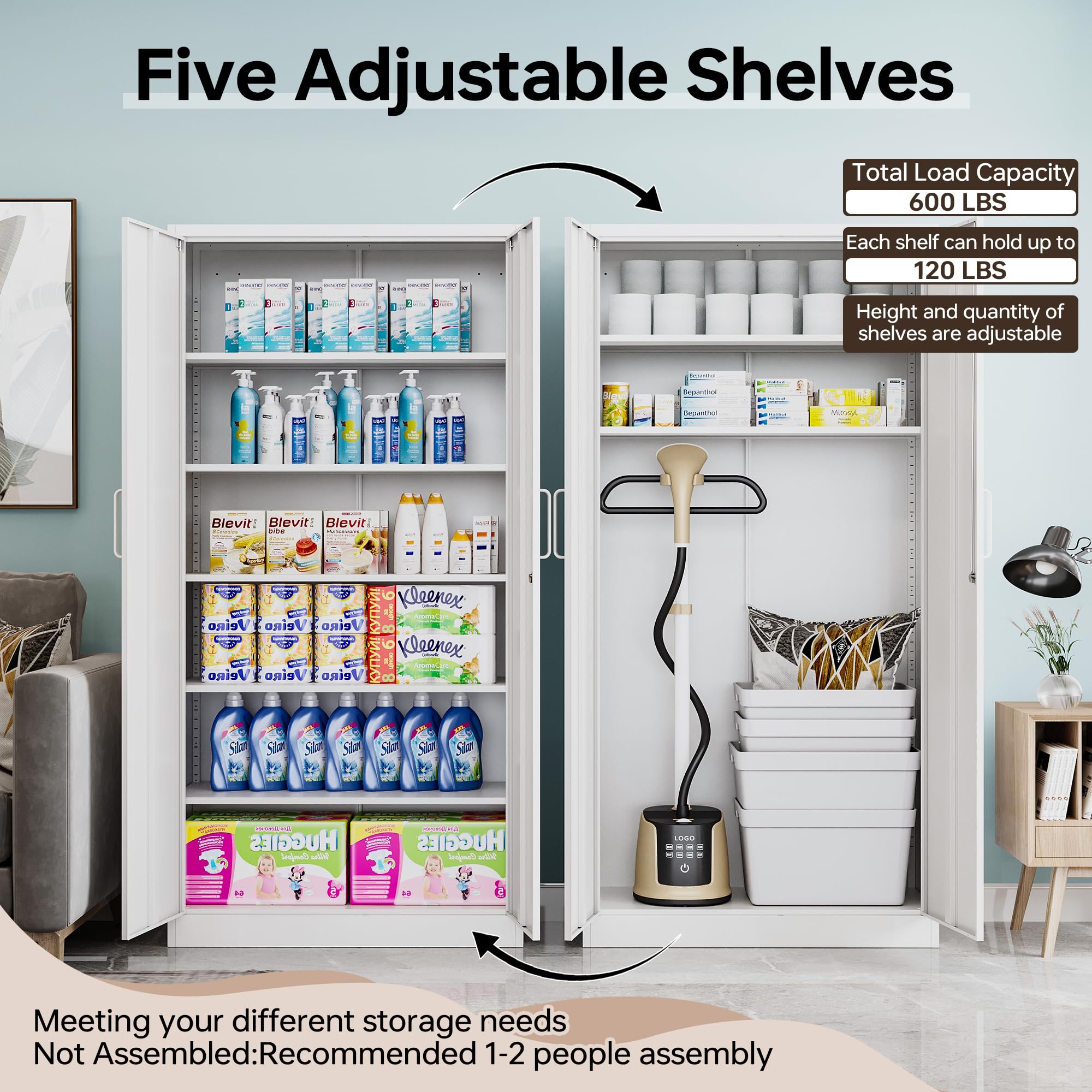 AFAIF Metal Storage Cabinet with Lock,71" White Garage Cabinet with 2 Doors and 5 Adjustable Shelves, Steel Locking Cabinets Tall Tool Storage Cabinet, Lockable File Cabinet for Home Office, Pantry