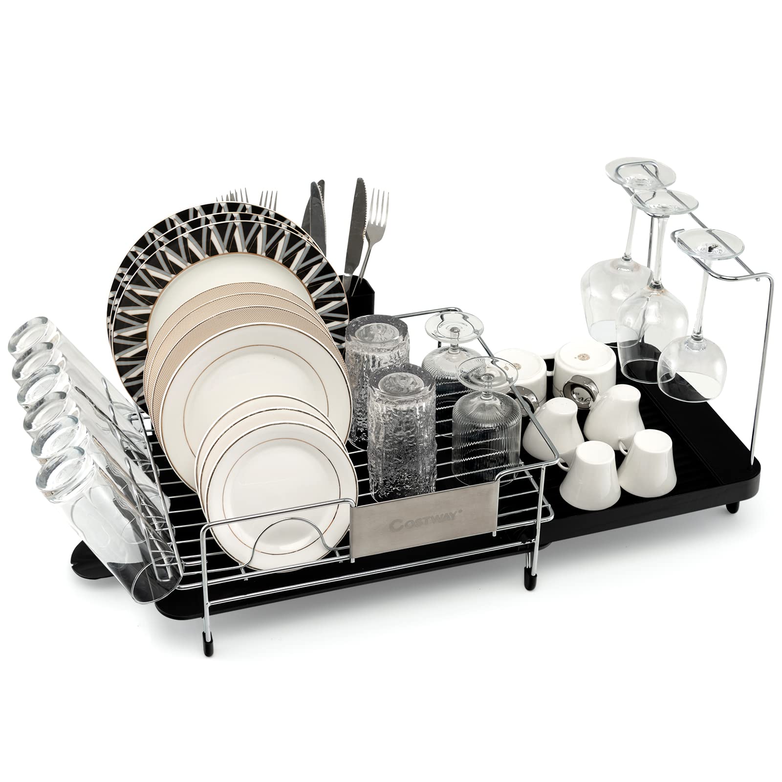Giantex Stainless Steel Dish Rack, Expandable Dish Drainer Rack with Cutlery Cup Glass Holder, Removable Drip Tray, 360-Degree Swiveling Spout, Rust Proof Dish Dryer Rack for Kitchen Counter