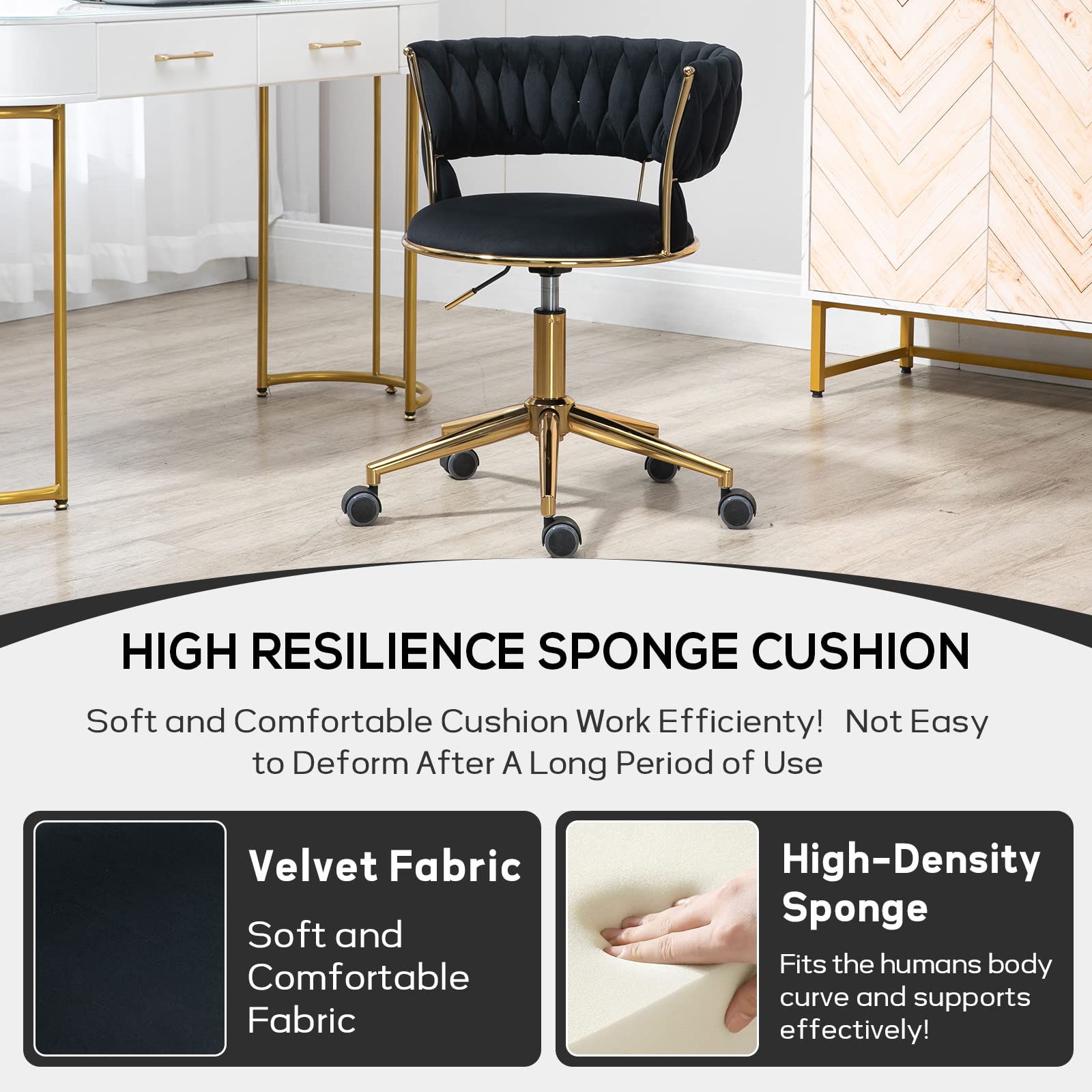 NIOIIKIT Velvet Office Desk Chair with Hand Woven Backrest, 360° Swivel & Height Adjustable Task Chairs, Makeup Chair, Living Room Chairs with Stainless Base and 5 Wheels (Black)