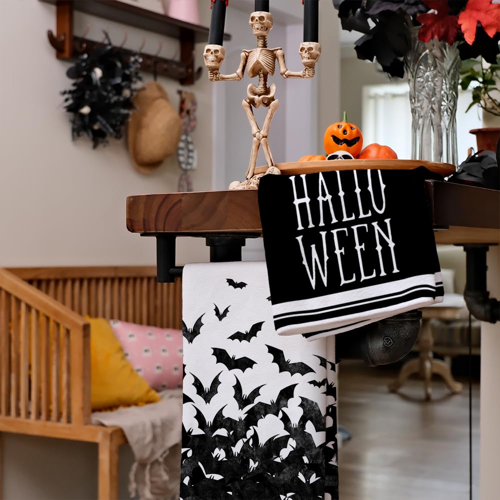 ARKENY Halloween Kitchen Towels Set of 2,Black Bats Dish Towels 18x26 Inch Drying Dishcloth,Farmhouse Home Decoration AD123