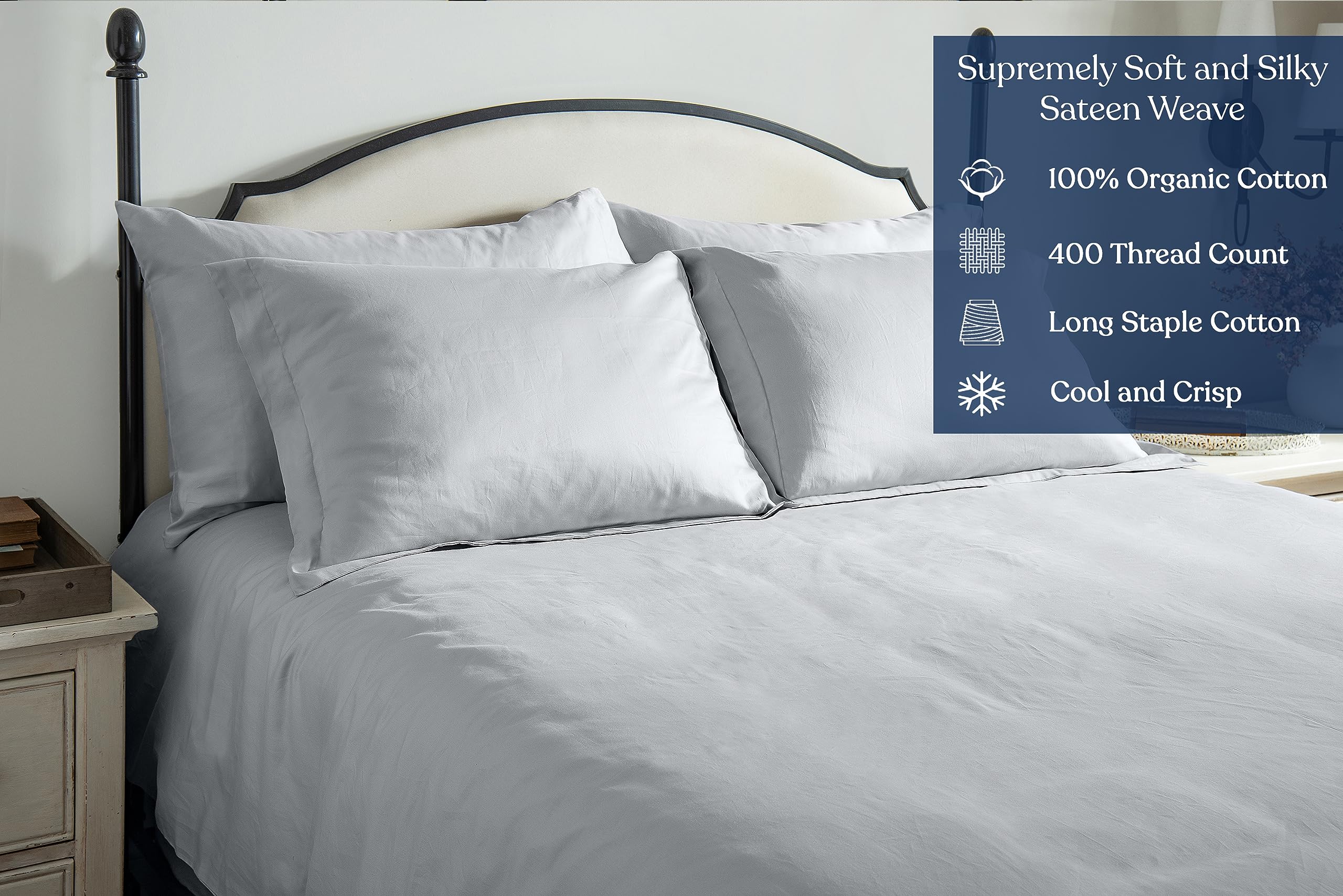 Delara GOTS Certified 100% Organic Cotton Sheets, 400TC Long Staple Cotton, Ultra Soft, Silky, Moisture-Wicking, Smooth & Breathable, with Elasticized Deep Pocket