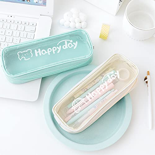 Cute Pencil Case, Clear Pencil Pouch, Large Capacity Mesh Pen Bag with Zipper, Aesthetic Pencil Case Organizer, Portable Stationery Bag for Students Adults Women (Green)