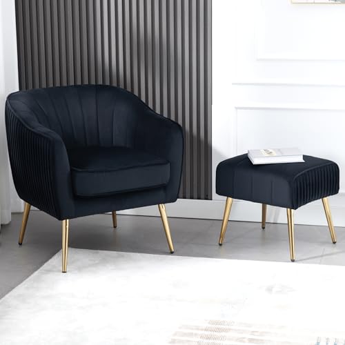 Westice Accent Chair with Ottoman, Upholstered Living Room Chair Velvet Sofa Chair with Footrest for Bedroom Reading Room Apartment Office, Black