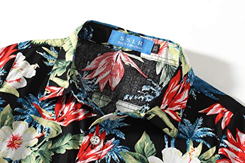 Big Boys Hawaiian Shirt, Kids Hawaiian Shirt, Boys Cotton Beach Shirt Tropical Short Sleeve Button Up Shirts (Medium, Black)