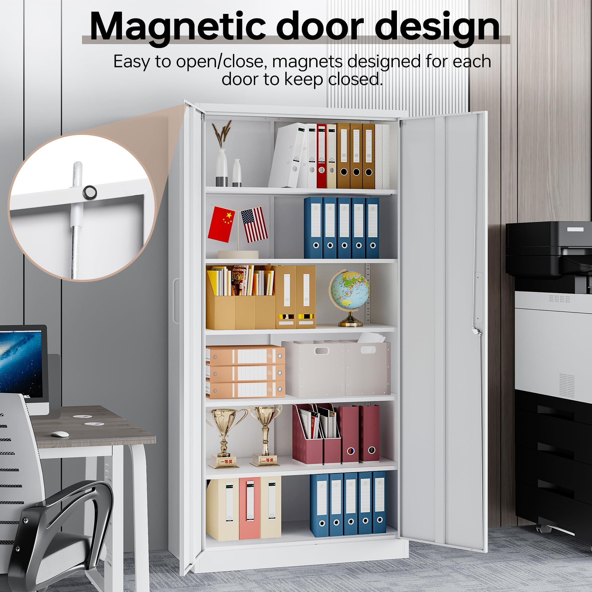 AFAIF Metal Storage Cabinet with Lock,71" White Garage Cabinet with 2 Doors and 5 Adjustable Shelves, Steel Locking Cabinets Tall Tool Storage Cabinet, Lockable File Cabinet for Home Office, Pantry