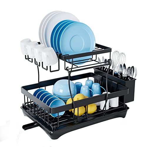 Dish Drying Rack for Kitchen Counter, 2 Tier Dish Rack Large Space Saving Kitchen Dishes Tray Drying Racks with Drainboard, Black Best Dish Drainer Set