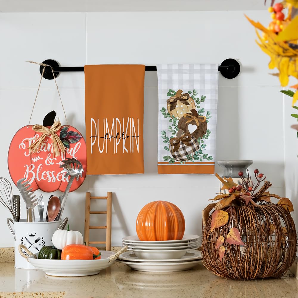 GEEORY Fall Kitchen Dish Towels Set of 2,Orange Pumpkin Eucalyptus Leaves 18x26 Inch Drying Dishcloth,Farmhouse Home Decoration GD155