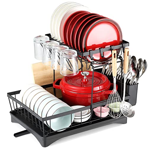 Dish Drying Rack - 2 Tier Dish Drying Rack with Drainboard Set, Large Dish Racks for Kitchen Counter, Dish Drainer Rack with Utensil Holder, Dish Strainers for Kitchen Counter, Black
