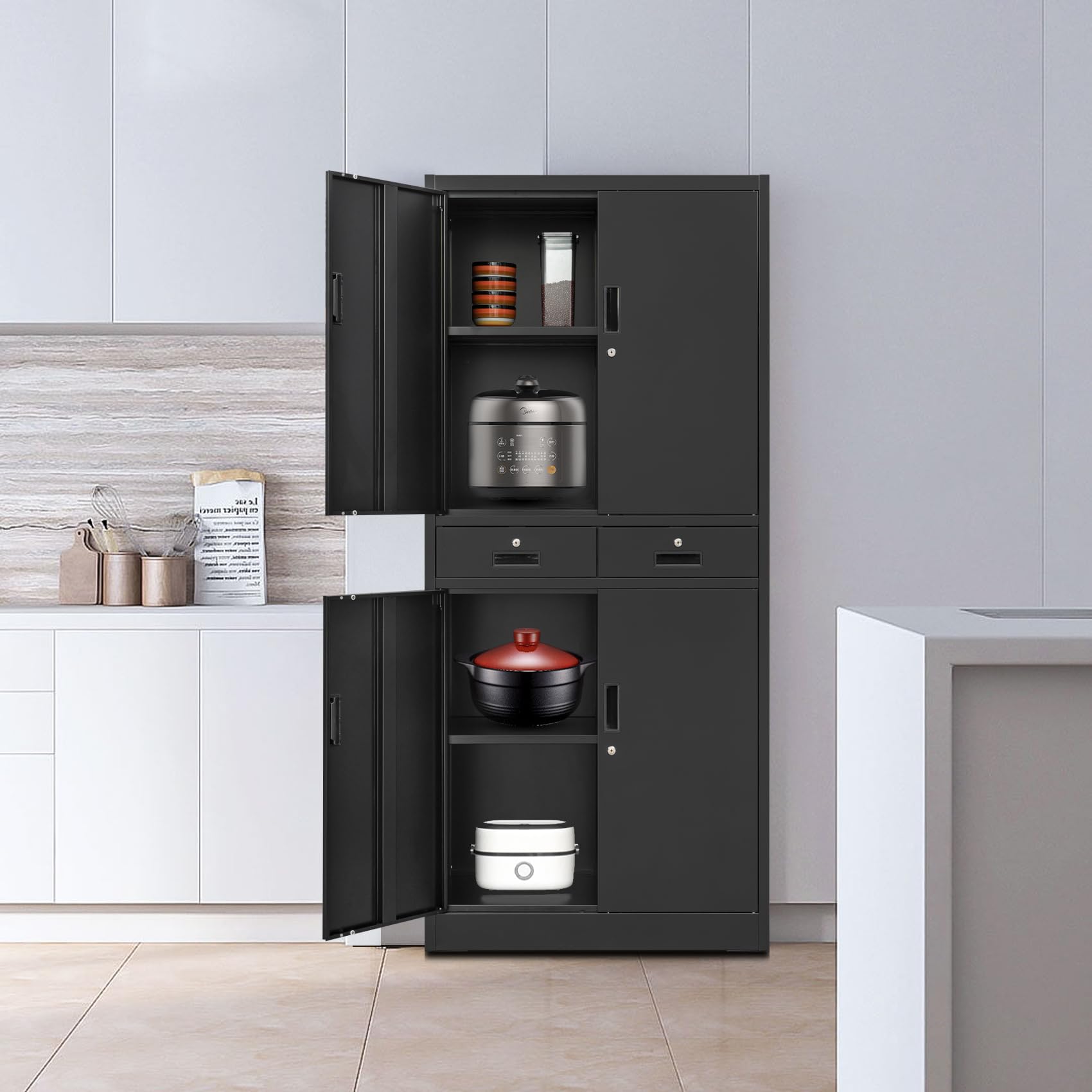 BESFUR Metal Storage Cabinet, Locking Storage Cabinet with Drawers and Adjustable Shelves for Garage, Office, Classroom- Black