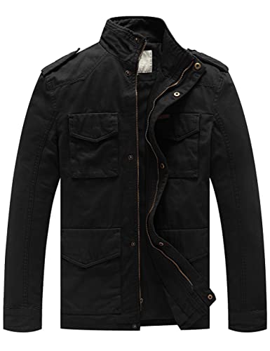 WenVen Men's Washed Cotton Canvas Safari Jacket Spring Military Coat (Black, L)
