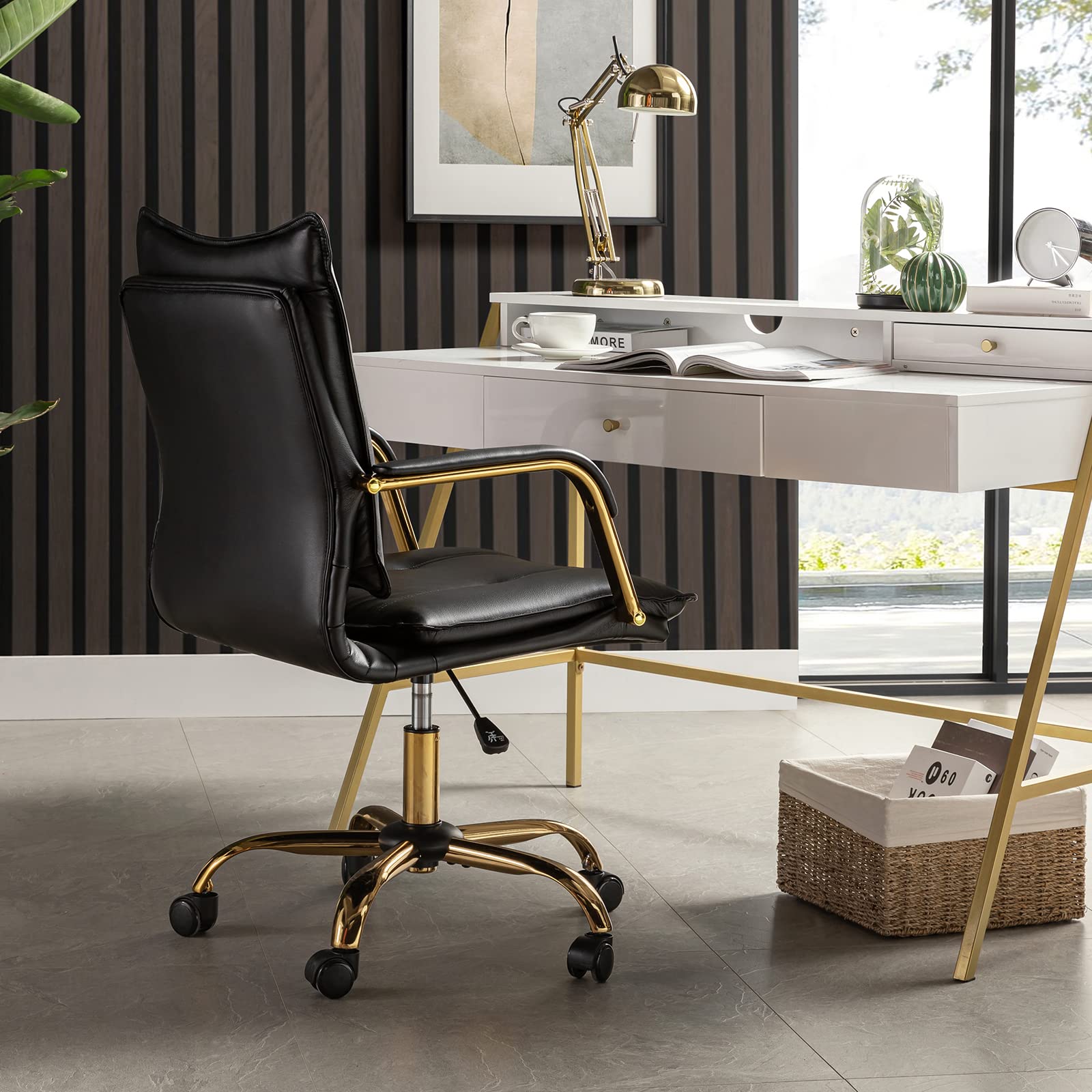 HULALA HOME Faux Leather Home Office Desk Chair, Adjustable Swivel Computer Chair with Golden Legs and Arms, Comfy Upholstered Task Chair, Black