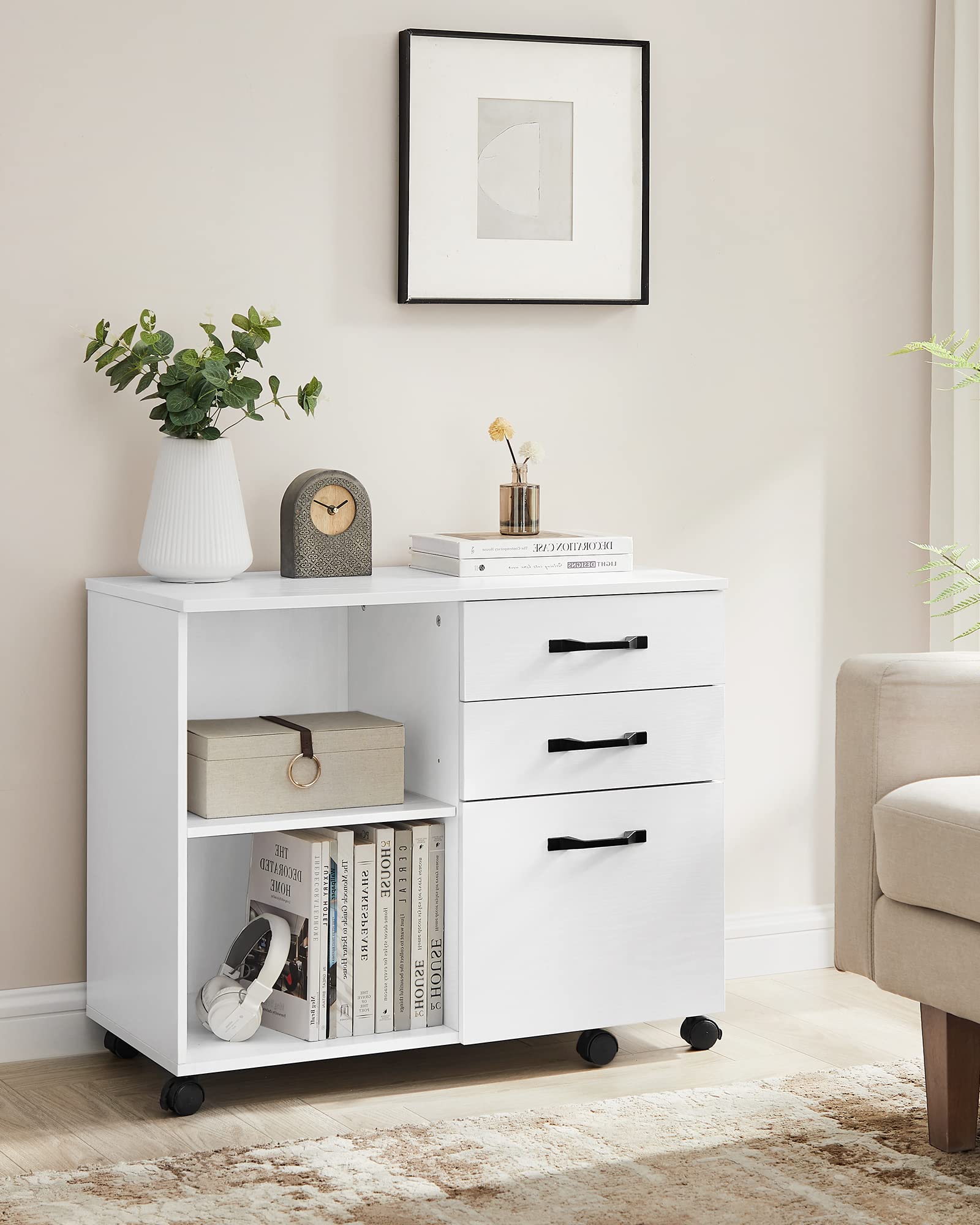 VASAGLE Lateral File Cabinet, Home Office Printer Stand, 3-Drawer Mobile Filing Cabinet with Open Storage Shelves, for A4, Letter-Size Files, White with Wood Grain UOFC041W46