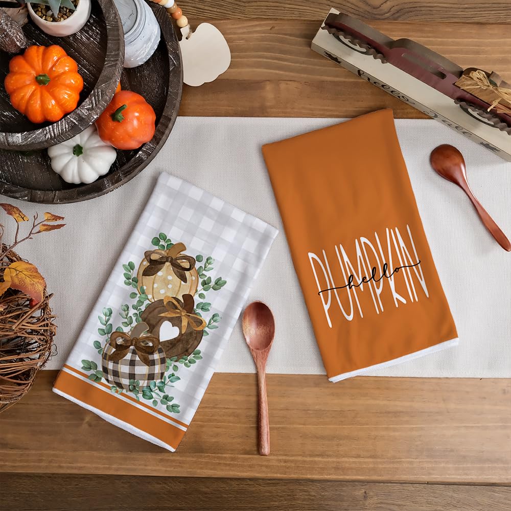 GEEORY Fall Kitchen Dish Towels Set of 2,Orange Pumpkin Eucalyptus Leaves 18x26 Inch Drying Dishcloth,Farmhouse Home Decoration GD155