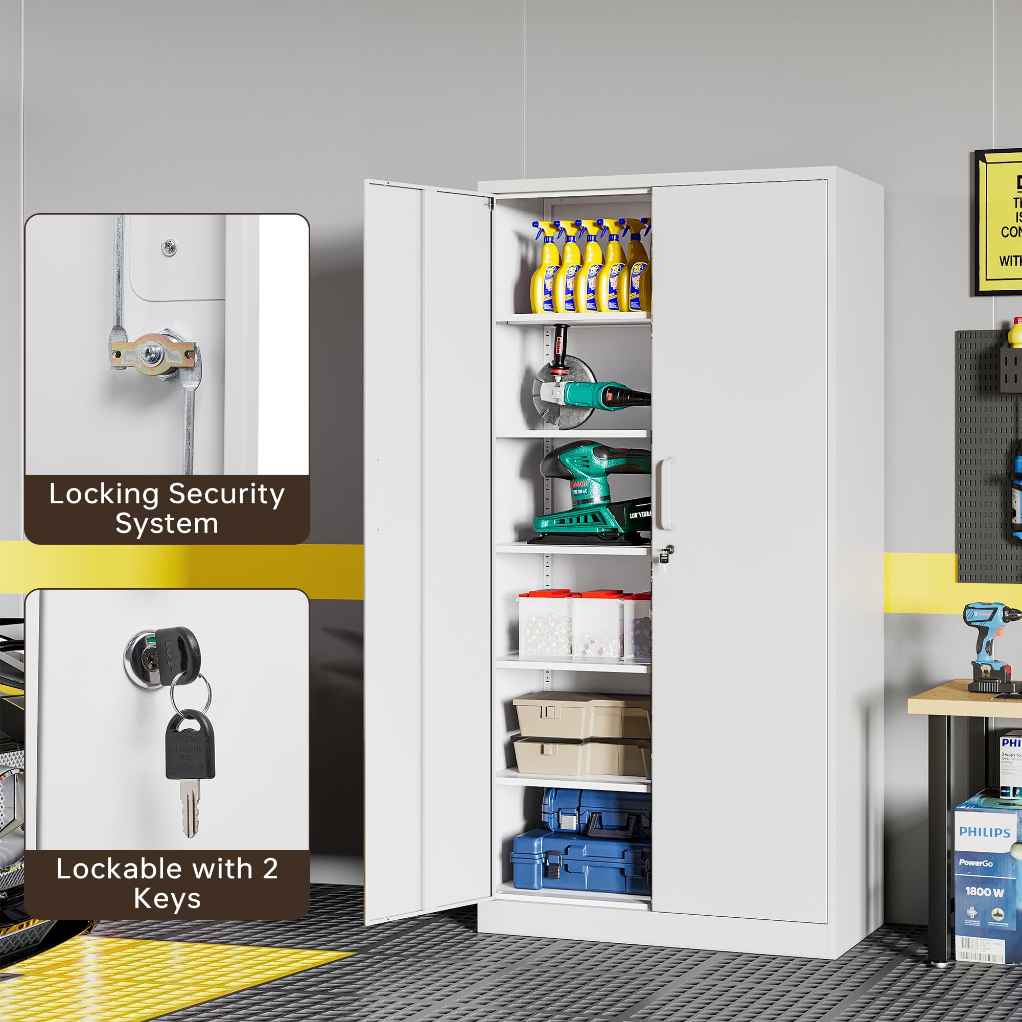 AFAIF Metal Storage Cabinet with Lock,71" White Garage Cabinet with 2 Doors and 5 Adjustable Shelves, Steel Locking Cabinets Tall Tool Storage Cabinet, Lockable File Cabinet for Home Office, Pantry