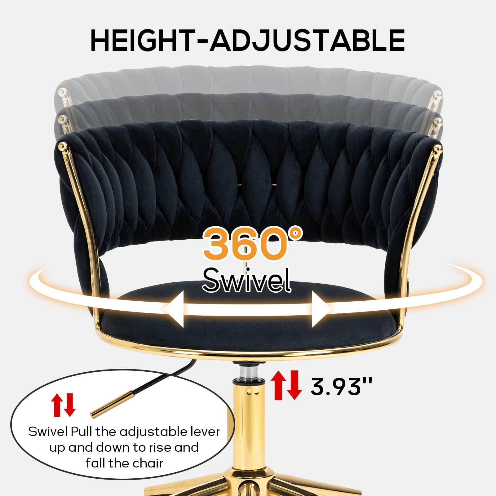 NIOIIKIT Velvet Office Desk Chair with Hand Woven Backrest, 360° Swivel & Height Adjustable Task Chairs, Makeup Chair, Living Room Chairs with Stainless Base and 5 Wheels (Black)