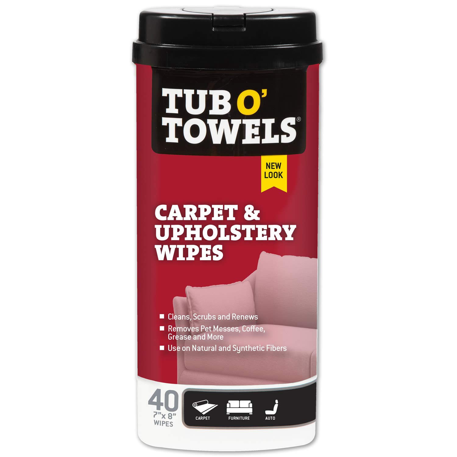 Tub O' Towels Carpet, Rug, and Upholstery Cleaning Wipes - Extra Strength Stain Remover, Odor-Fighting Power, Safe on Natural & Synthetic Fibers, 40-7” x 8” Wipes Per Tub, 1-Pack, Light Citrus Scent