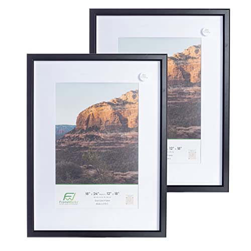 FrameWorks 2-Pack 1 3/8" Thick Black Wooden Shadow Box Picture Frames 18ā x 24ā with Removable White Mat to 12" x 18" Photo