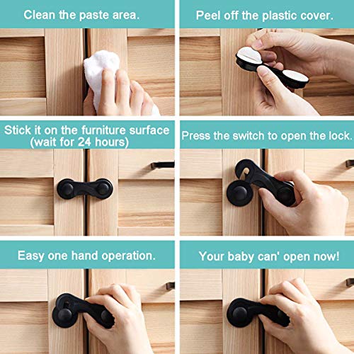 Child Safety Cabinet Locks (10 Pack) - Baby Proofing Latches Lock for Drawers, Toilet Seat, Fridge, Oven, with 10 Extra 3M Adhesives (Black)