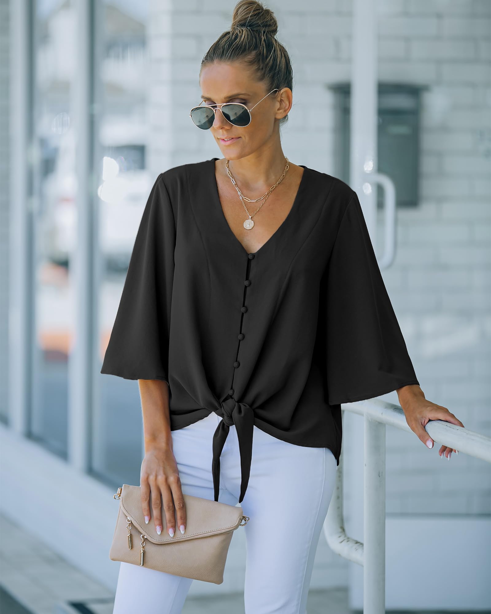 luvamia Women's V Neck Tops Ruffle 3/4 Sleeve Tie Knot Blouses Button Down Shirts, Black Button Down Size XL