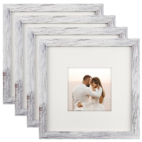 AVEAX 8x8 Picture Frames Display Pictures 4x4 with Mat or 8x8 Without Mat, Set of 4 Square Photo Frame for Wall or Tabletop White