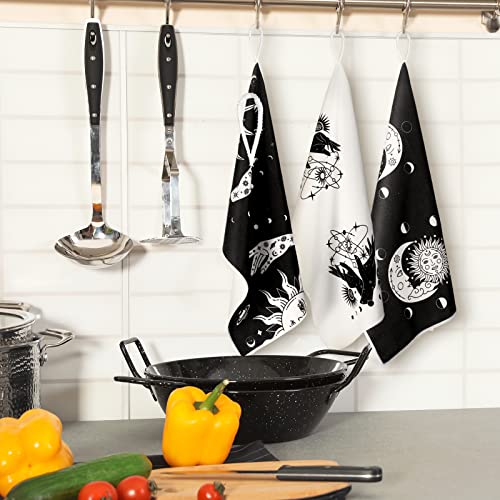 Bencailor 6 Pcs Skull Kitchen Towels Teal Turquoise Dish Hand Towels Farmhouse Cow Cat Gothic Witchy Moon Tea Washcloth for Spring Summer Kitchen Decor Home 24 x 16''(White Black,Witchy)
