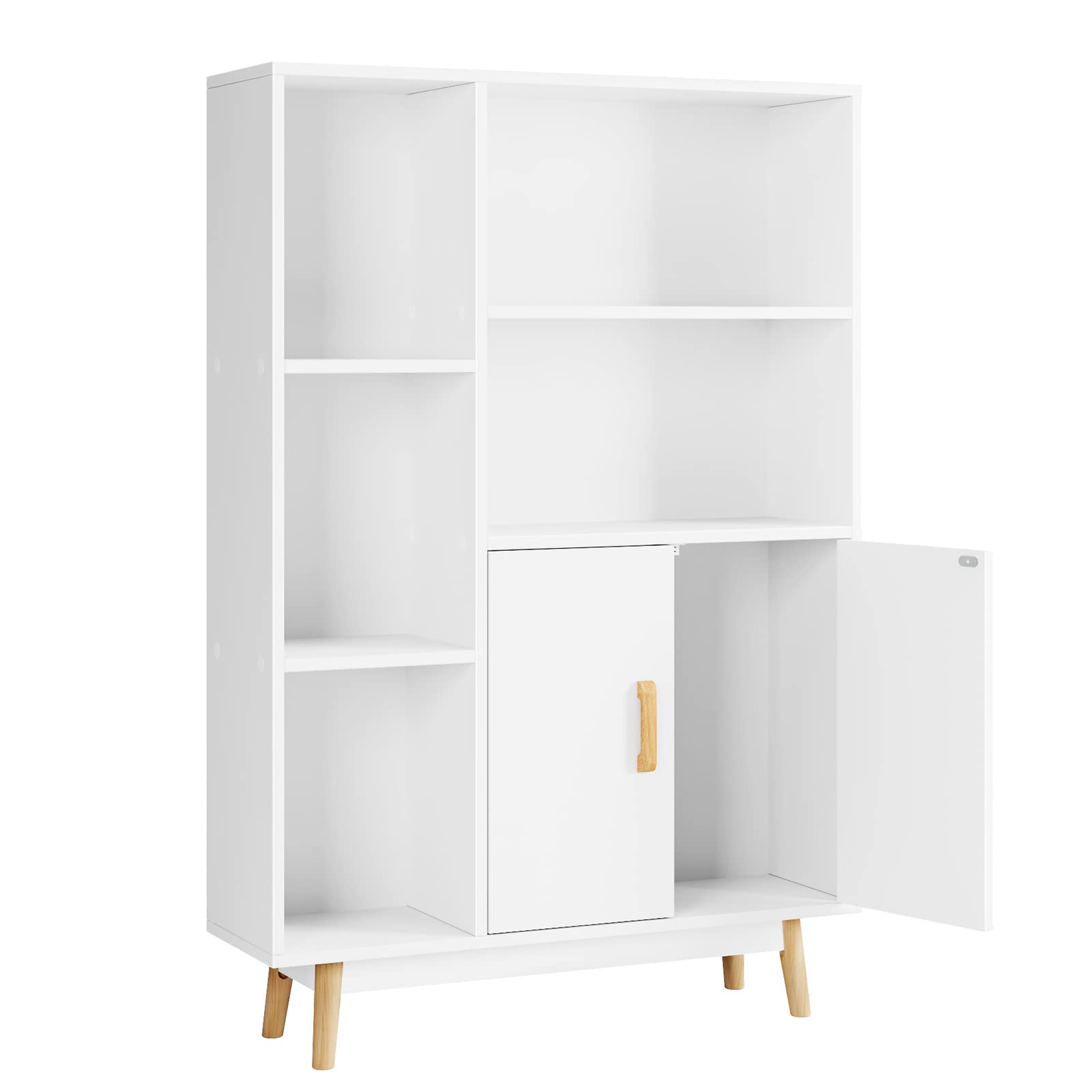 FOTOSOK Floor Storage Cabinet with 2 Shelves and 3 Cubes, Bookcase with Doors, Bookshelf Cabinet with Legs for Kitchen, Living Room and Home Office, White