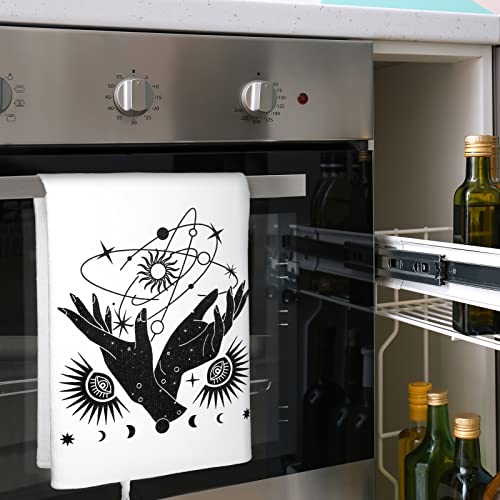 Bencailor 6 Pcs Skull Kitchen Towels Teal Turquoise Dish Hand Towels Farmhouse Cow Cat Gothic Witchy Moon Tea Washcloth for Spring Summer Kitchen Decor Home 24 x 16''(White Black,Witchy)